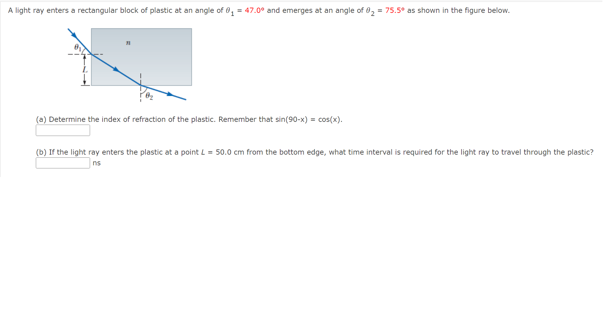 Solved A light ray enters a rectangular block of plastic at | Chegg.com