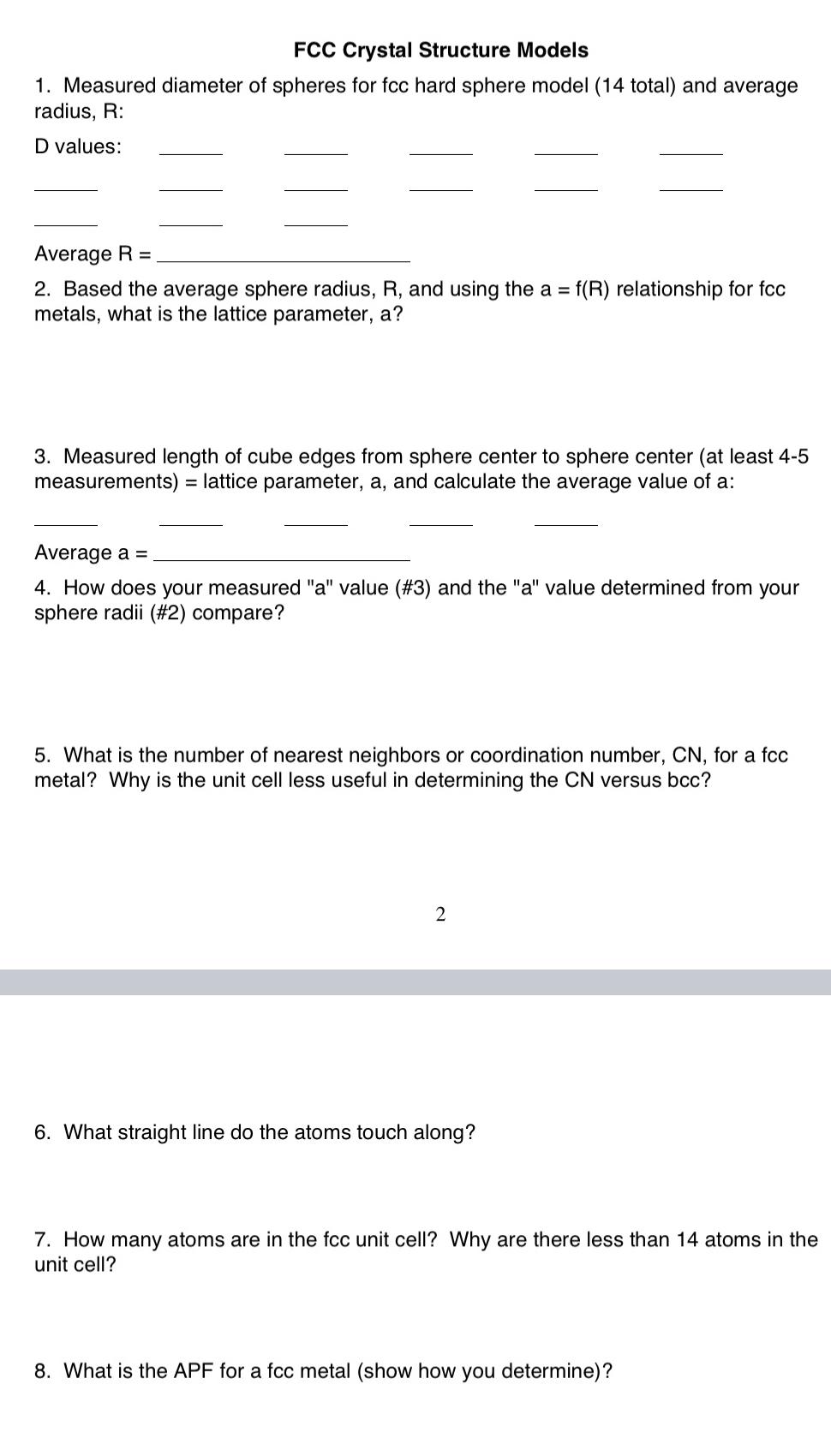 Solved FCC Crystal Structure Models 1. Measured diameter of | Chegg.com