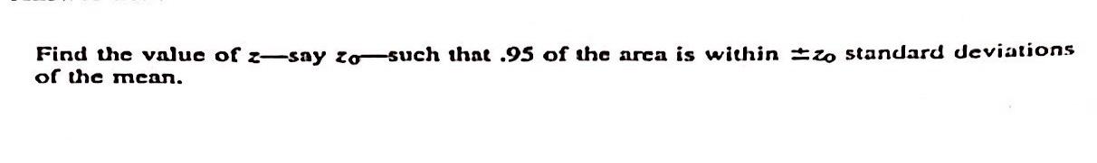 Solved Find the value of z-say z0-such that .95 of the area | Chegg.com
