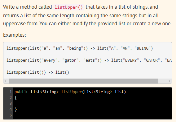 Solved Write a method called listUpper() that takes in a | Chegg.com