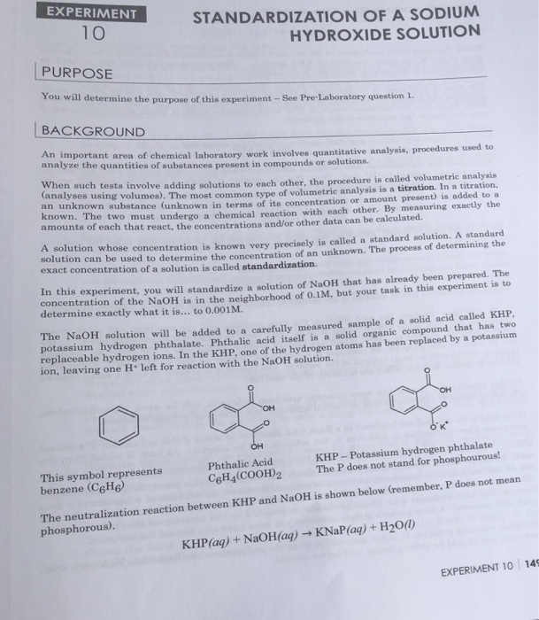 Solved EXPERIMENT STANDARDIZATION OF A SODIUM PURPOSE | Chegg.com