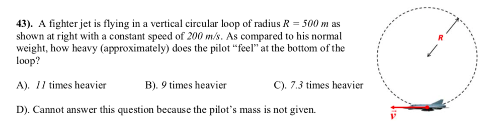 Solved 43). A fighter jet is flying in a vertical circular | Chegg.com