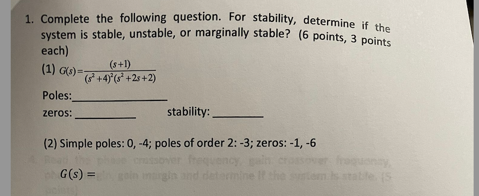 Solved 1. Complete the following question. For stability, | Chegg.com