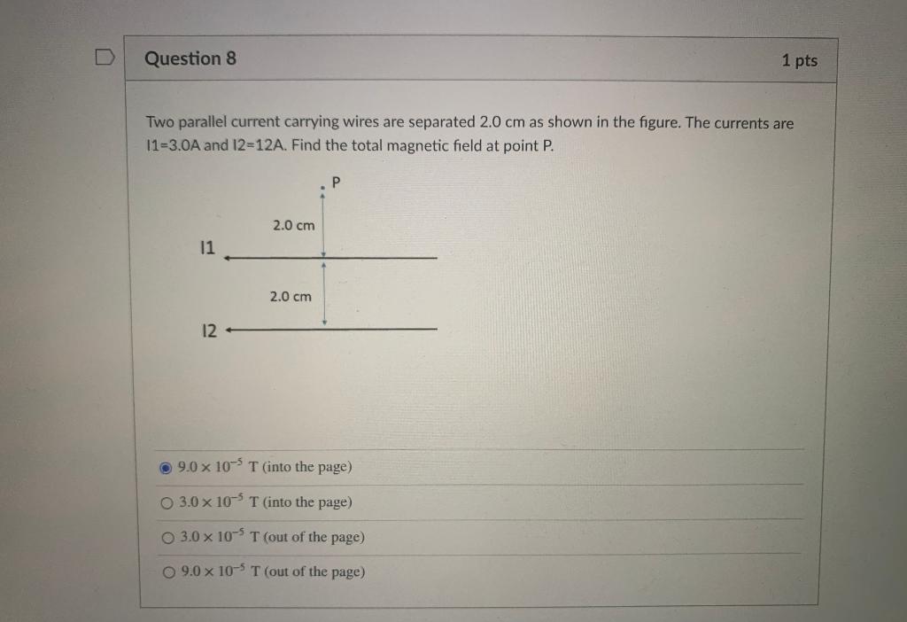 Solved Question 8 1 pts Two parallel current carrying wires | Chegg.com