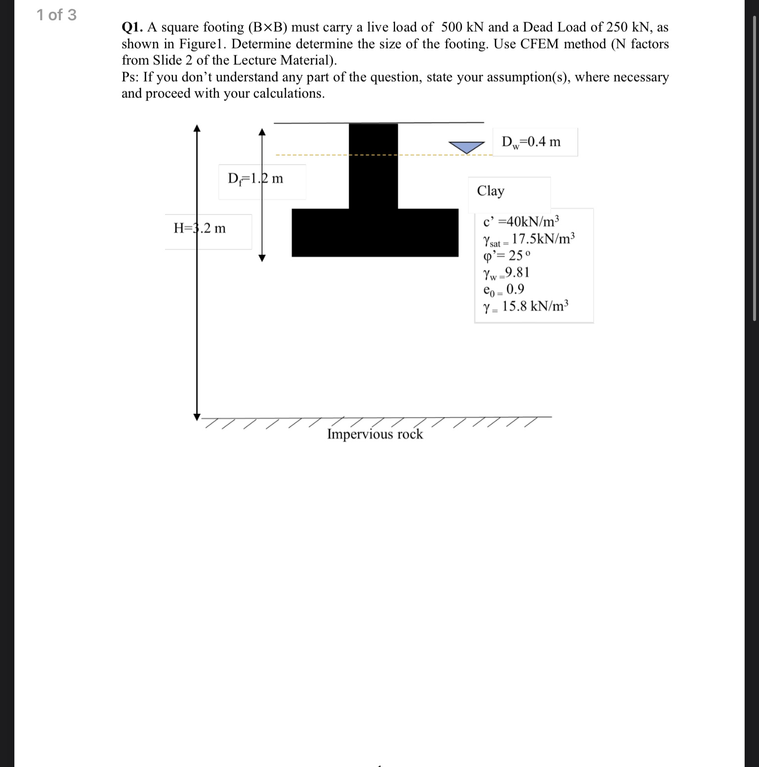 Solved Q1. ﻿A square footing (B×B) ﻿must carry a live load | Chegg.com