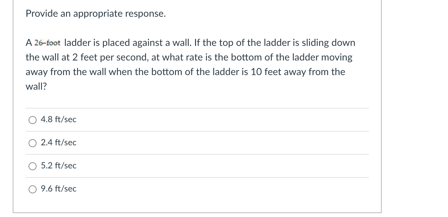 Solved Provide an appropriate response. A 26-foot ladder is | Chegg.com