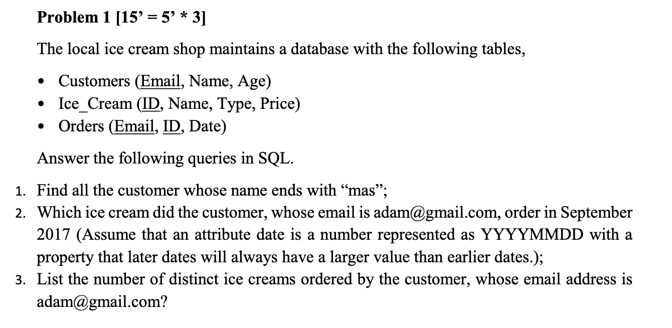 Solved Problem 1 [15' = 5' * 3] The local ice cream shop | Chegg.com
