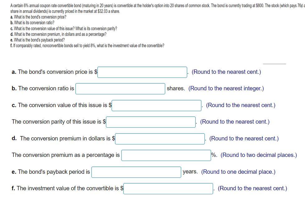 Solved A certain 6% annual coupon rate convertible bond | Chegg.com