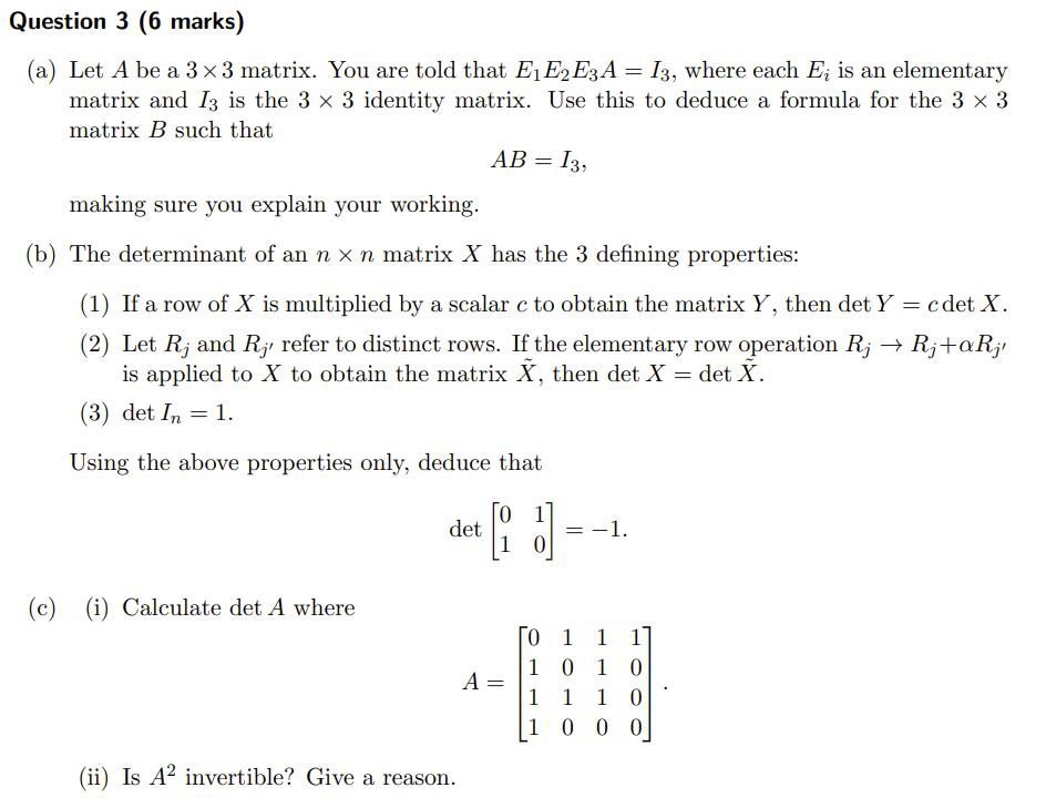 (a) Let A be a 3×3 matrix. You are told that | Chegg.com