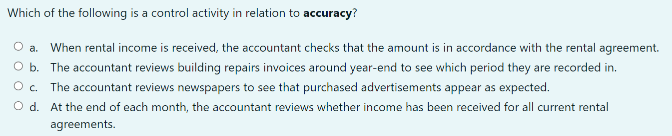 Solved Which of the following is a control activity in | Chegg.com