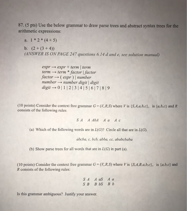 Solved 87 5 Pts Use The Below Grammar To Draw Parse Trees