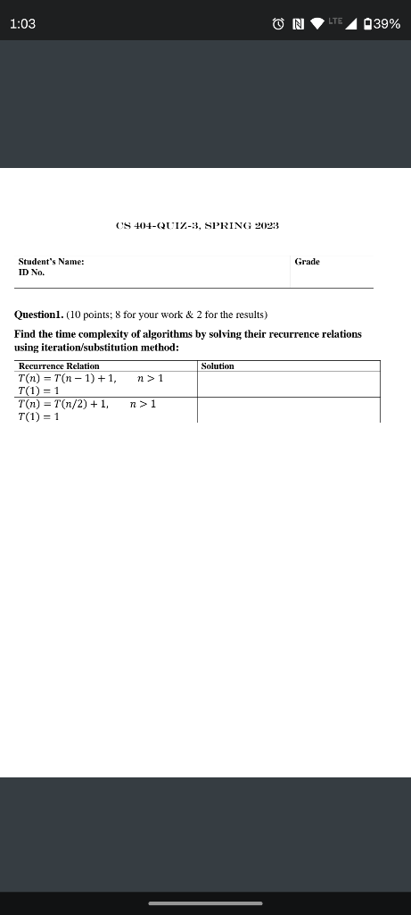 Solved Student's Name: Grade ID No. Questionl. ( 10 points; | Chegg.com