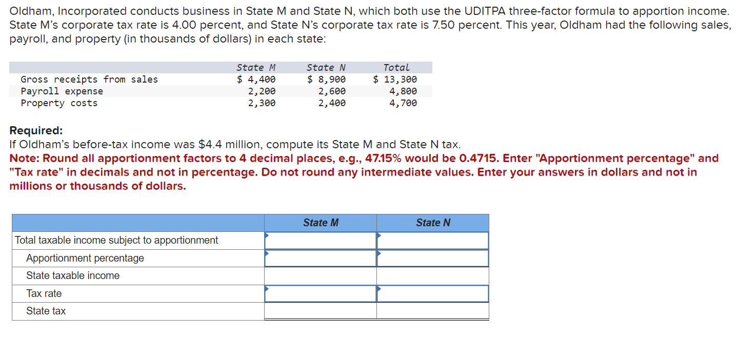 Solved Oldham, Incorporated conducts business in State M and | Chegg.com