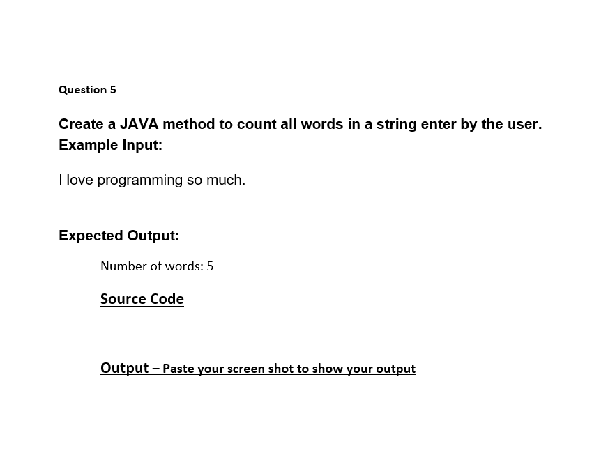 Solved Question 5 Create a JAVA method to count all words in | Chegg.com