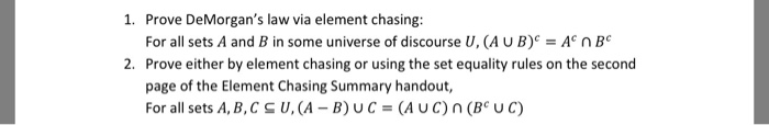 Solved 1. Prove DeMorgan's law via element chasing: For all | Chegg.com