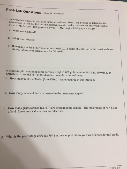 Solved Post-Lab Questions (Show All Calrulations) 1. In a | Chegg.com
