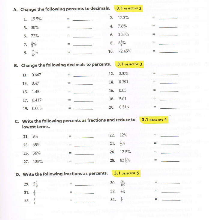 Solved A. Change the following percents to decimals. 3.1 | Chegg.com