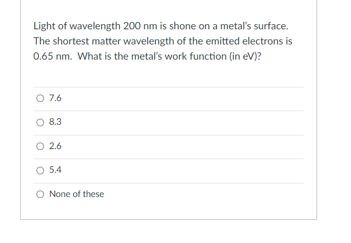 Solved Light of wavelength 200 nm is shone on a metal's | Chegg.com