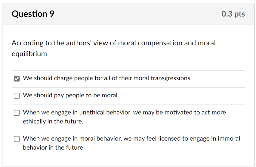 Solved According to the authors' view of moral compensation | Chegg.com