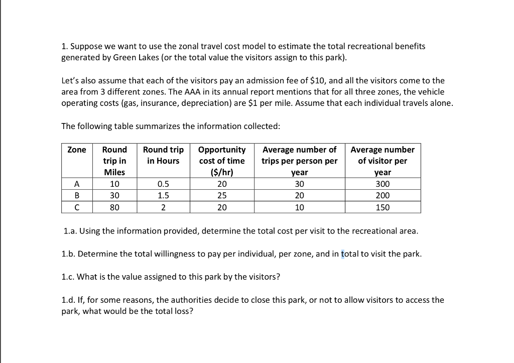 Solved 1. Suppose we want to use the zonal travel cost model | Chegg.com