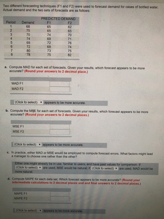 Solved Two different forecasting techniques (F1 and F2) were | Chegg.com