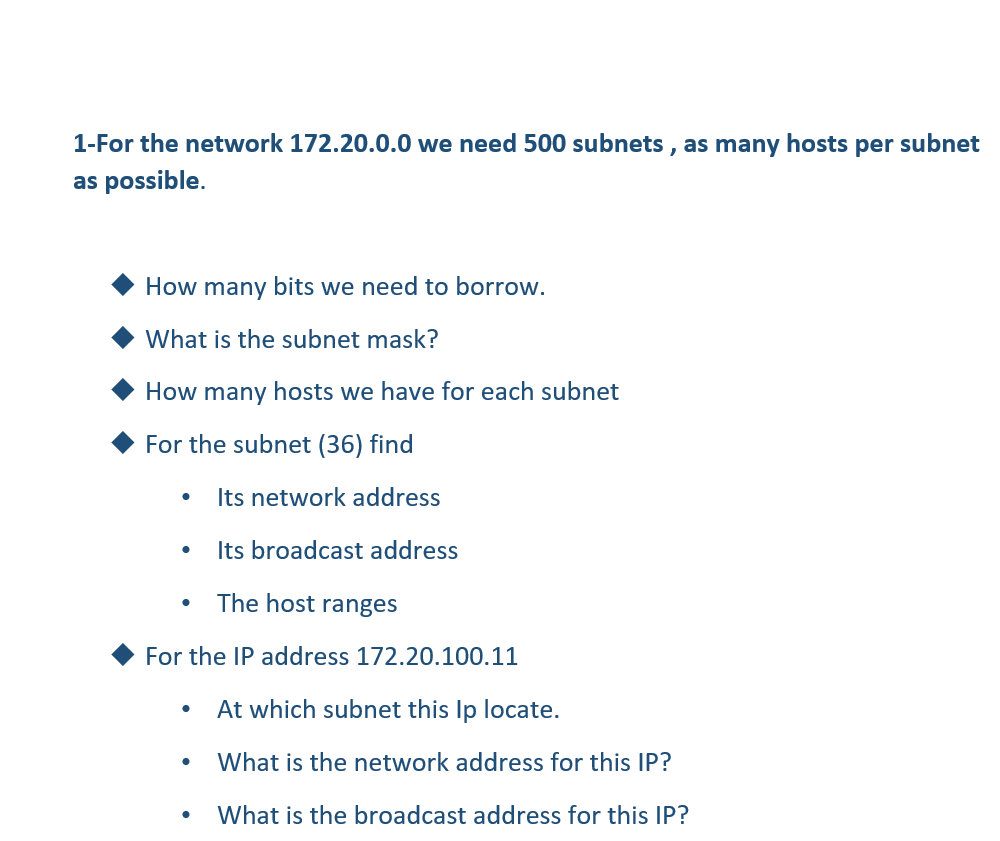 Solved 1-For the network 172.20.0.0 we need 500 subnets , as | Chegg.com