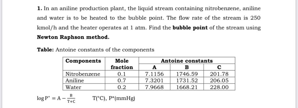 Solved 1. In an aniline production plant, the liquid stream | Chegg.com