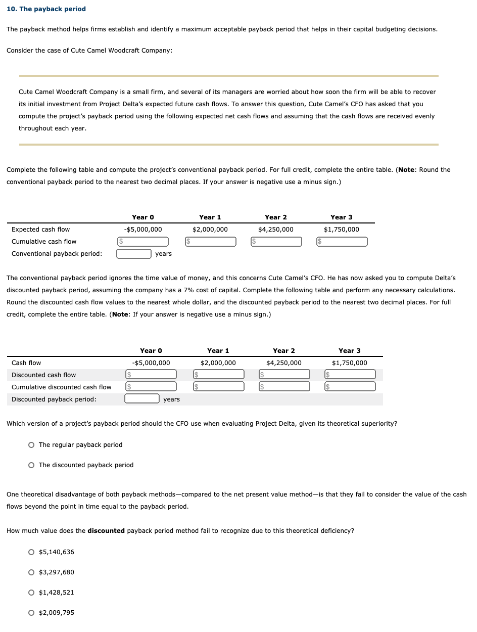 Solved 10. The payback period The payback method helps firms | Chegg.com