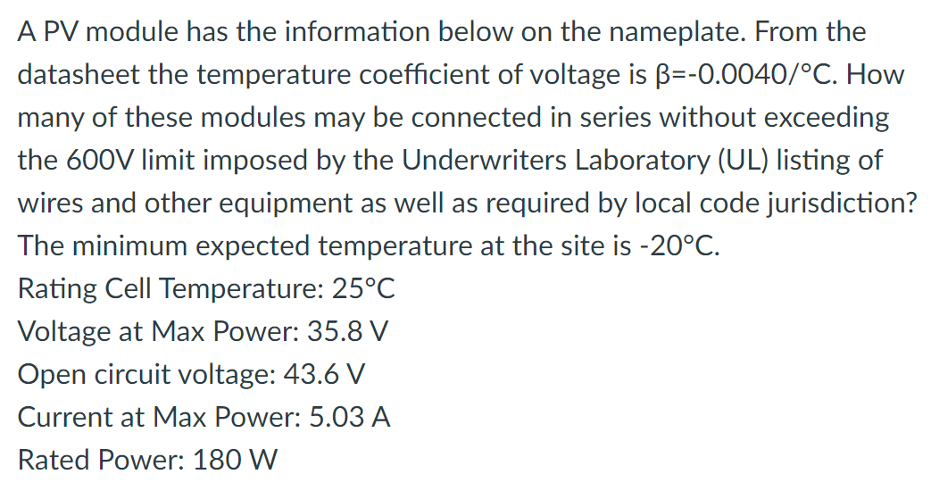 Solved A PV module has the information below on the | Chegg.com