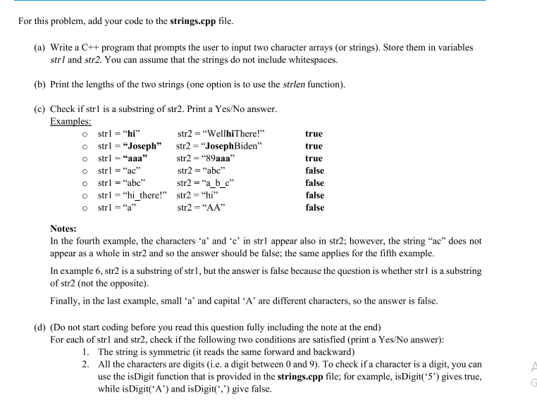 Solved For this problem, add your code to the strings.cpp | Chegg.com