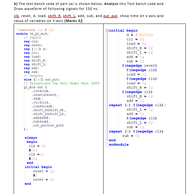 b) The test bench code of part (a) is shown below. | Chegg.com