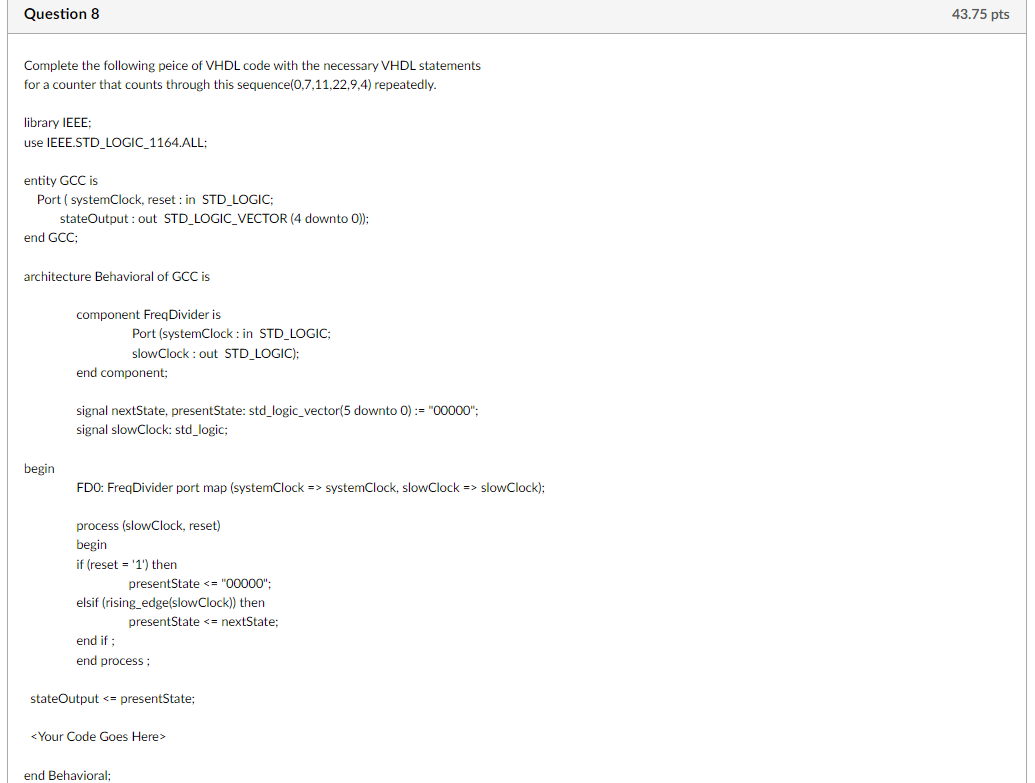 Solved Complete The Following Peice Of Vhdl Code With The