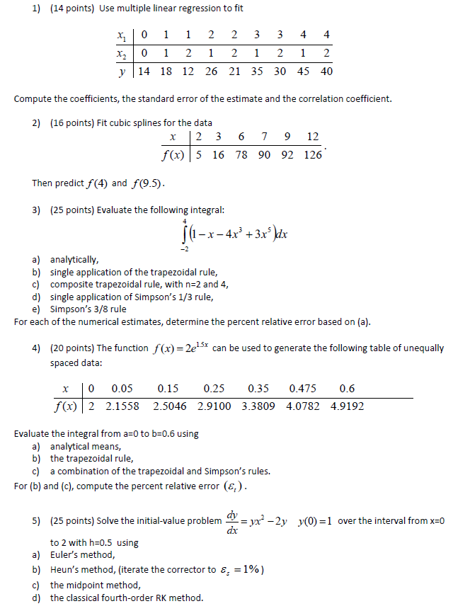 Solved 1) (14 points) Use multiple linear regression to fit | Chegg.com