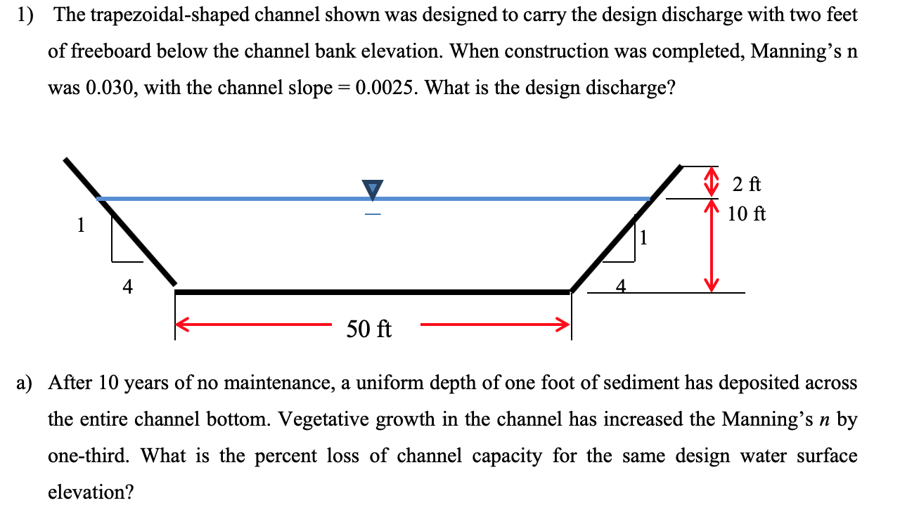 Solved 1) The trapezoidal-shaped channel shown was designed | Chegg.com