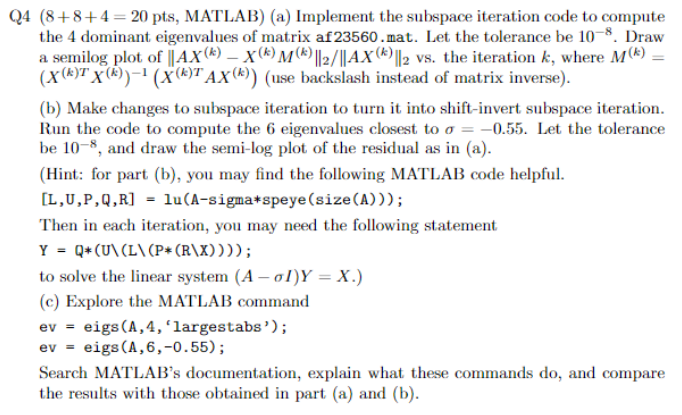 Solved 24(8+8+4=20 pts, MATLAB) (a) Implement the subspace | Chegg.com