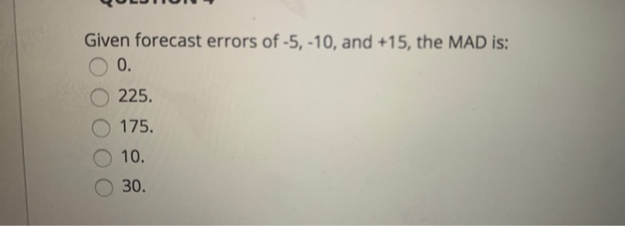 Solved Given forecast errors of -5,-10, and +15, the MAD is: | Chegg.com
