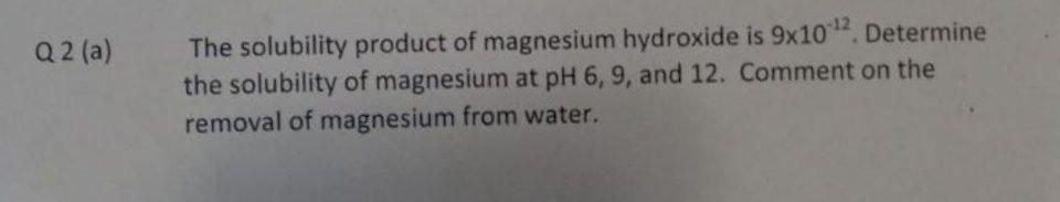Solved Q2 (a) The solubility product of magnesium hydroxide | Chegg.com