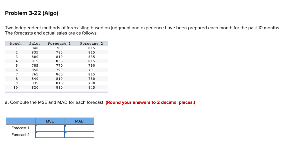 Two independent methods of forecasting based on | Chegg.com