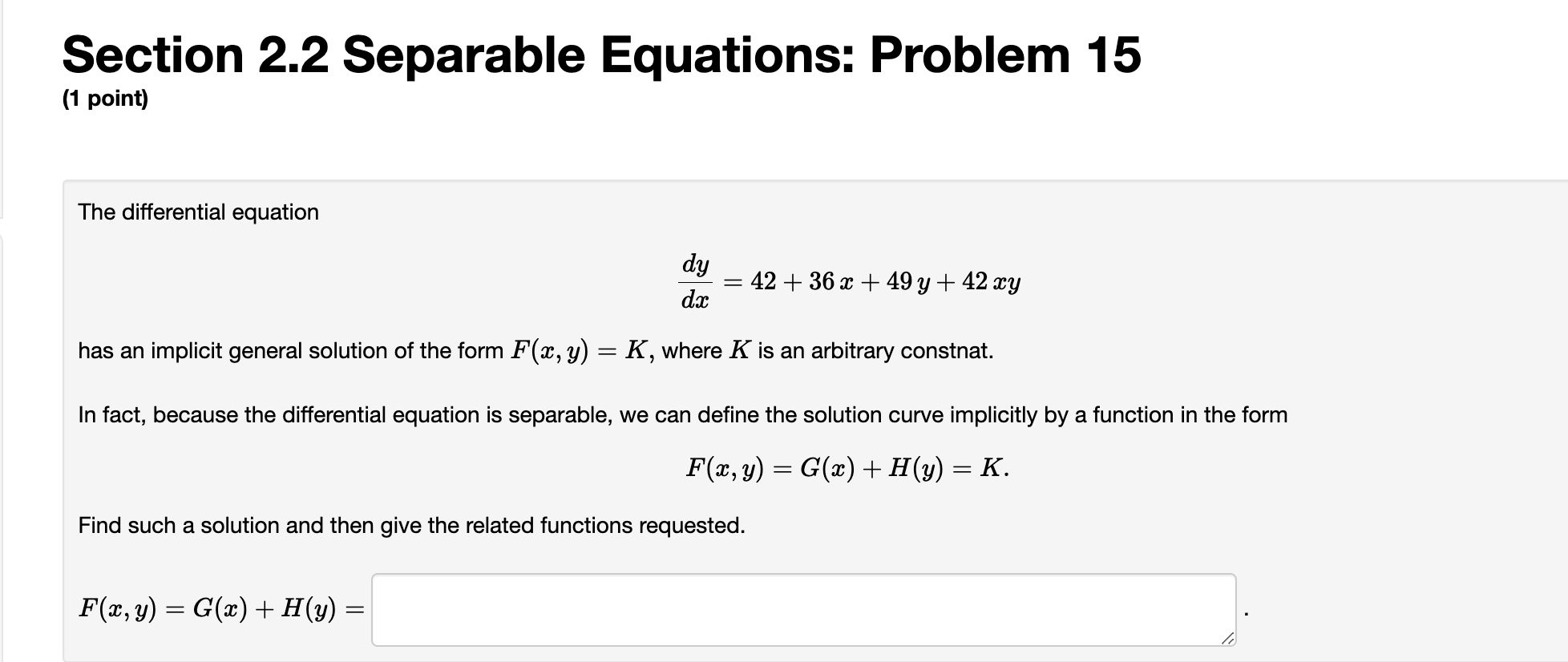 Solved Section 2.2 Separable Equations: Problem 15 (1 point) | Chegg.com