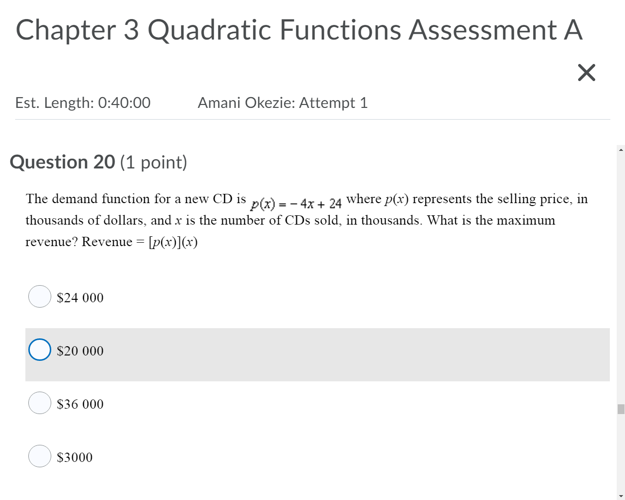 Solved Chapter 3 Quadratic Functions Assessment A Х Est. | Chegg.com