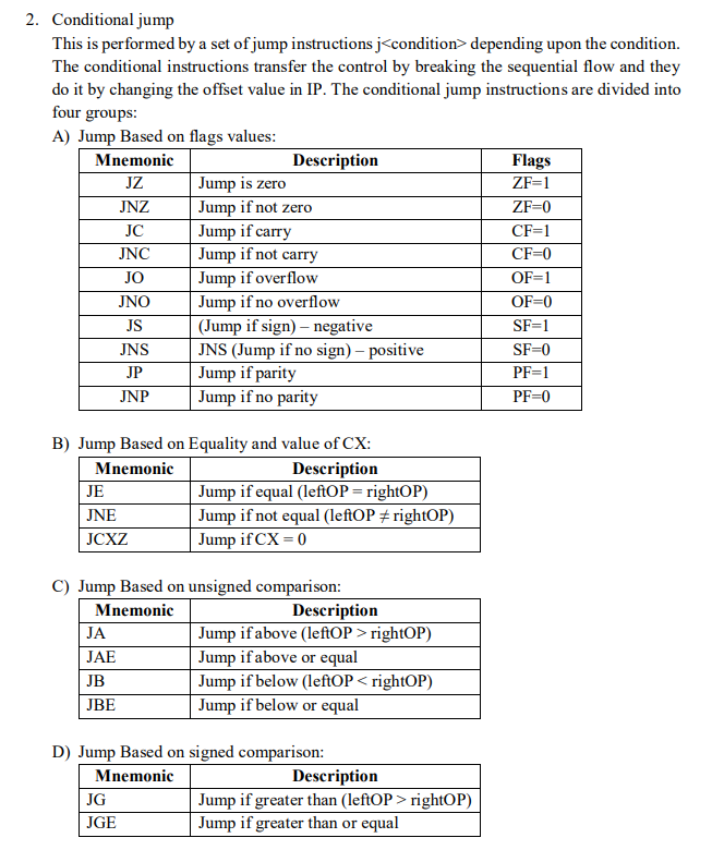1. Unconditional jump This is performed by the JMP | Chegg.com