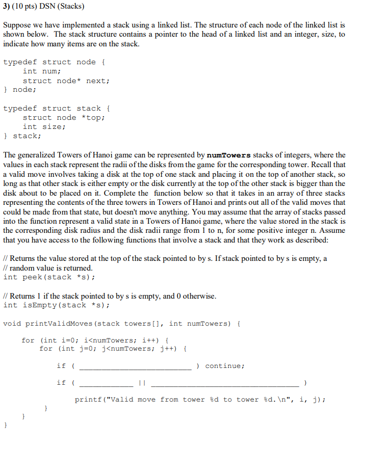 Solved 3) (10 pts) DSN (Stacks) Suppose we have implemented | Chegg.com