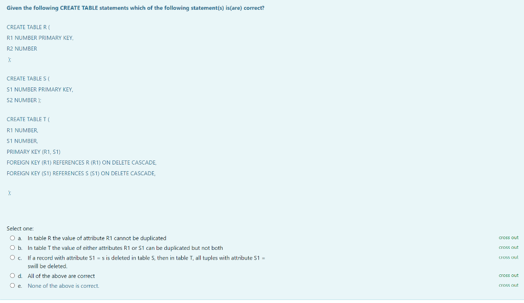 Solved Given the following CREATE TABLE statements which of | Chegg.com