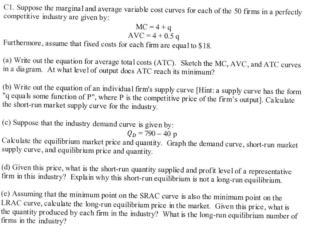 Solved C1. Suppose the marginal and average variable cost | Chegg.com