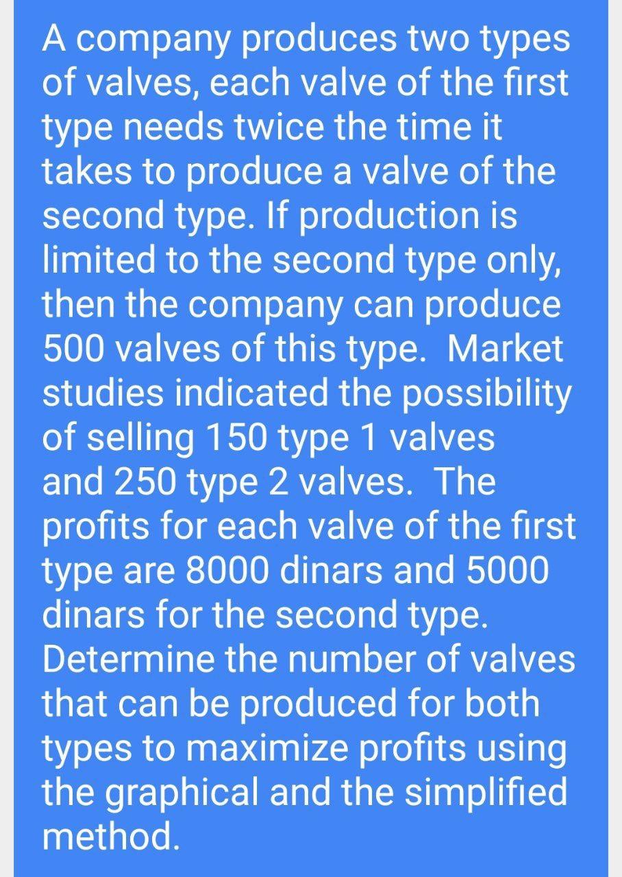Solved A company produces two types of valves, each valve of | Chegg.com