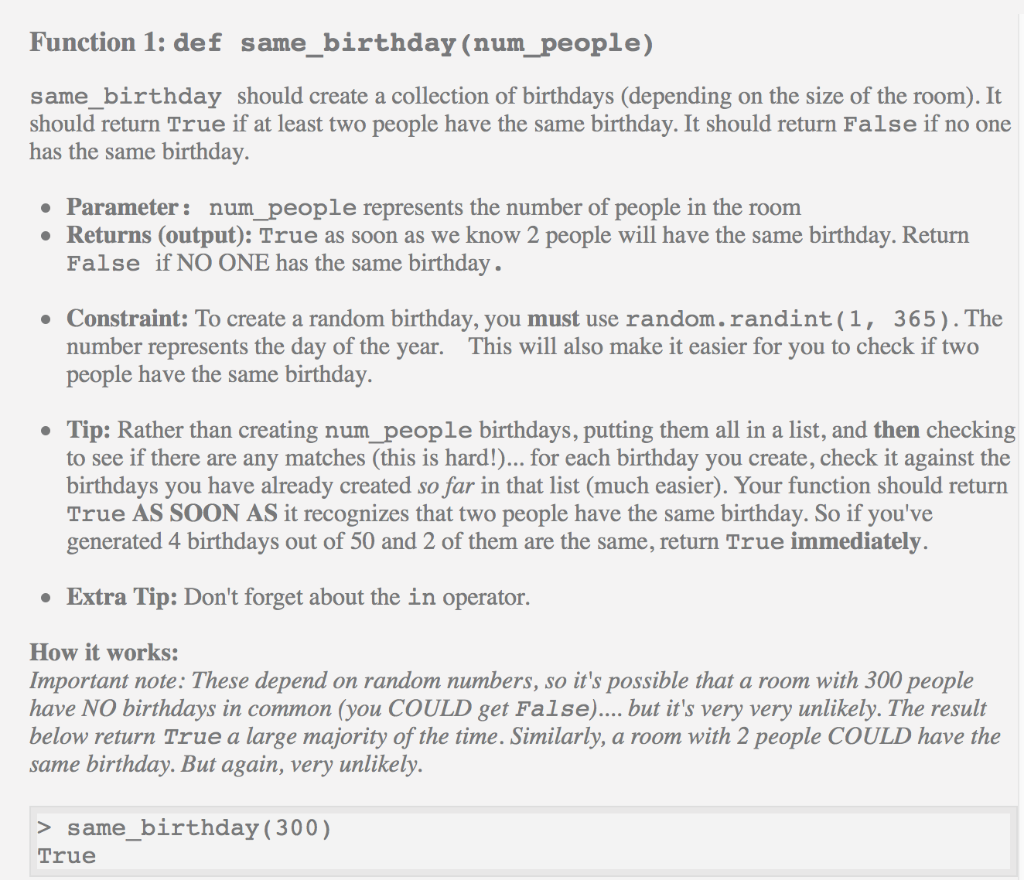 Solved Function 1: def same_birthday (num_people) | Chegg.com
