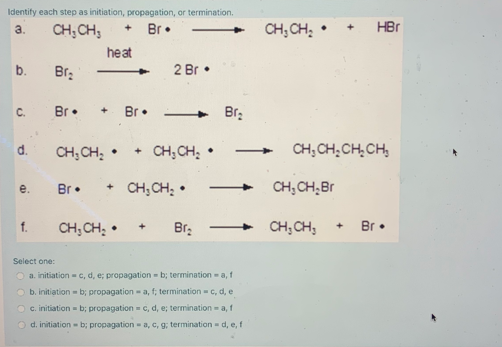 Solved + a. CH, CH, HBr Identify each step as initiation, | Chegg.com
