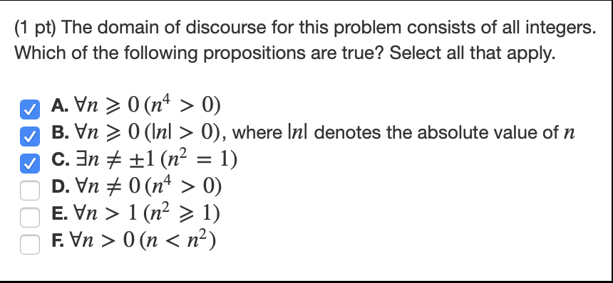 Solved (1 pt) The domain of discourse for this problem | Chegg.com