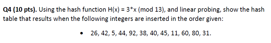 Solved Q4 (10 pts). Using the hash function H(x)=3∗x(mod13), | Chegg.com