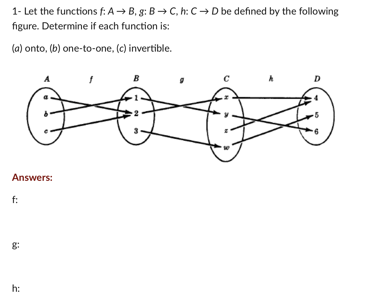 Solved 1- Let the functions f:A→B,g:B→C,h:C→D be defined by | Chegg.com Solved 1- Let the functions f:A→B,g:B→C,h:C→D be defined by | Chegg.com